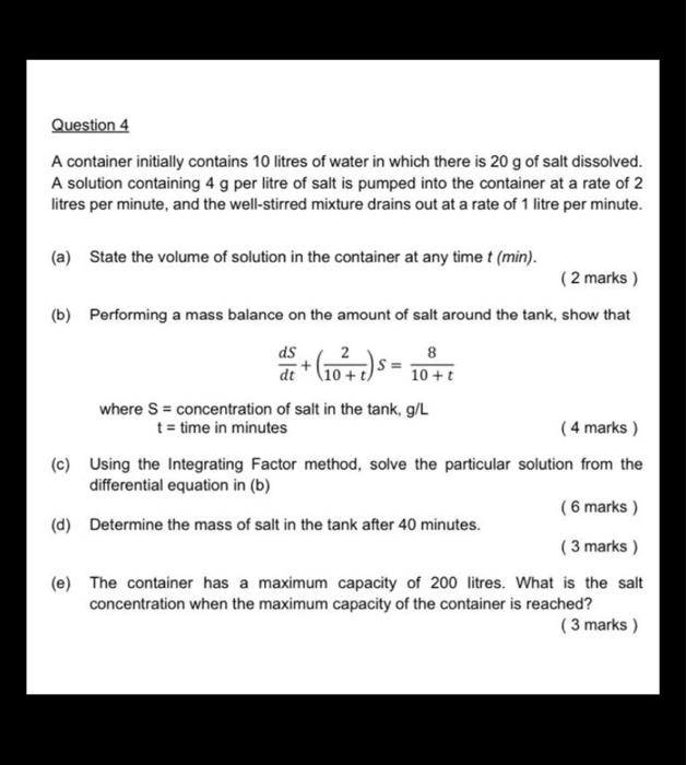 Solved Question 4 A container initially contains 10 litres | Chegg.com