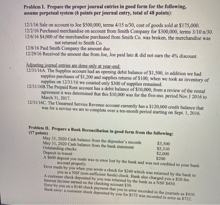 Solved Problem I. Prepare the proper journal entries in good | Chegg.com