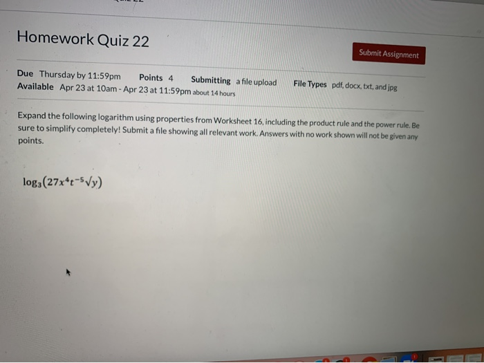 Solved Homework Quiz 22 Submit Assignment Due Thursday by | Chegg.com