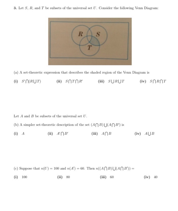 Solved 3. Let S, R, and T be subsets of the universal set U. | Chegg.com