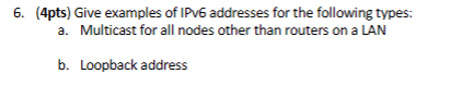 Solved (4pts) ﻿Give examples of IPv6 ﻿addresses for the | Chegg.com