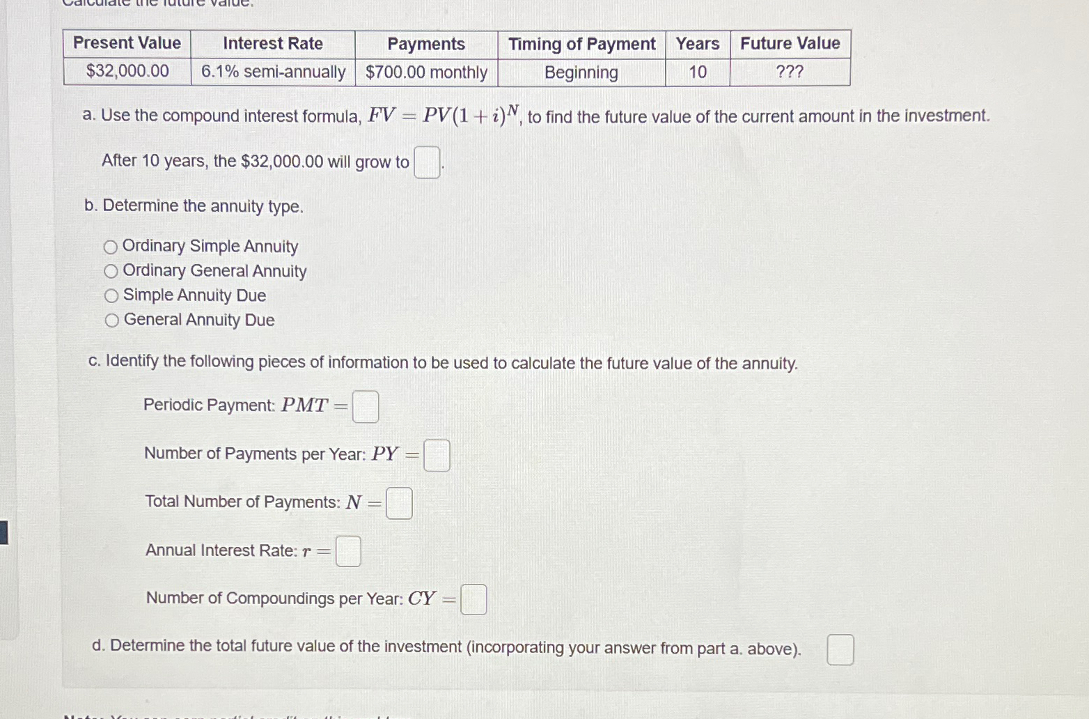 Solved \table[[Present Value,Interest Rate,Payments,Timing | Chegg.com
