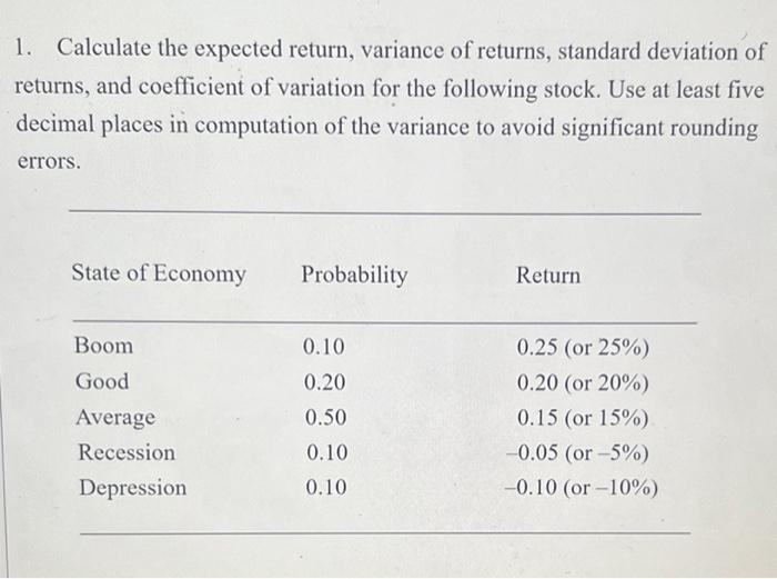 Solved 1. Calculate the expected return, variance of | Chegg.com