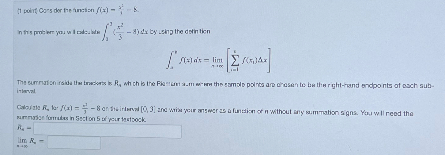 Solved (1 ﻿point) ﻿Consider the function f(x)=x23-8In this | Chegg.com