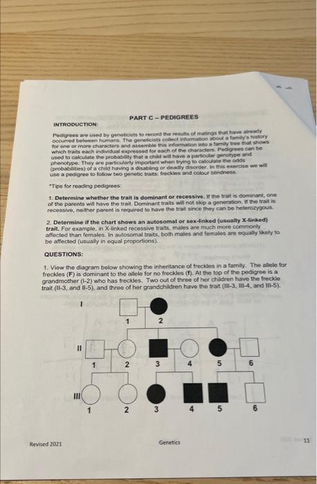 Solved PART C - PEDIGREES INTRODUCTION Fedigrees ace used by | Chegg.com