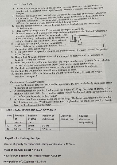 Purpose: Physics 201 Lab Levers and the Law of Torque | Chegg.com