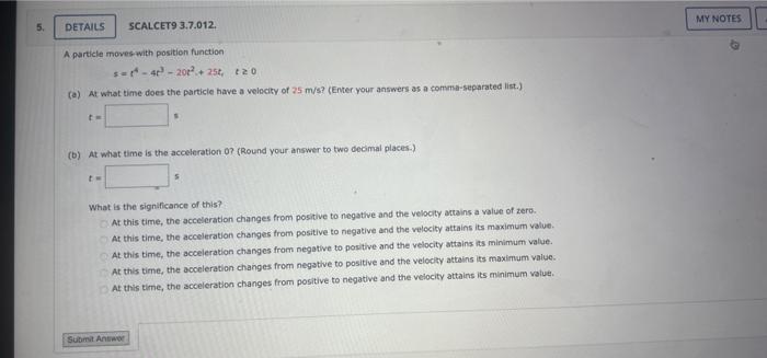 Solved A particle moves with position function | Chegg.com