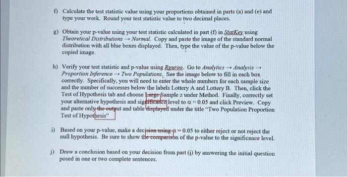 f) Calculate the test statistic value using your | Chegg.com