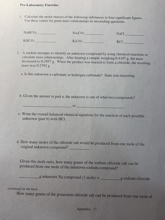 Solved Pre Laboratory Exercise 1 Calculate The Molar