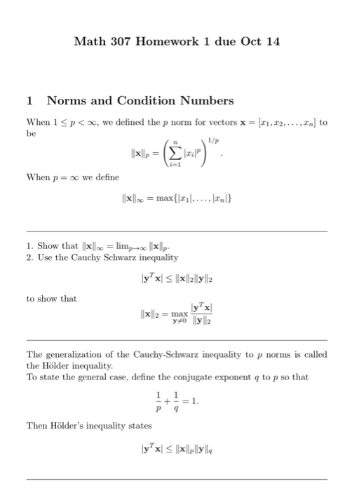 Solved Math 307 Homework 1 due Oct 14 1 Norms and Condition | Chegg.com