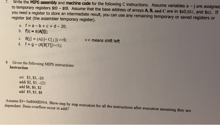 7. Write the MIPS assembly and machine code for the | Chegg.com