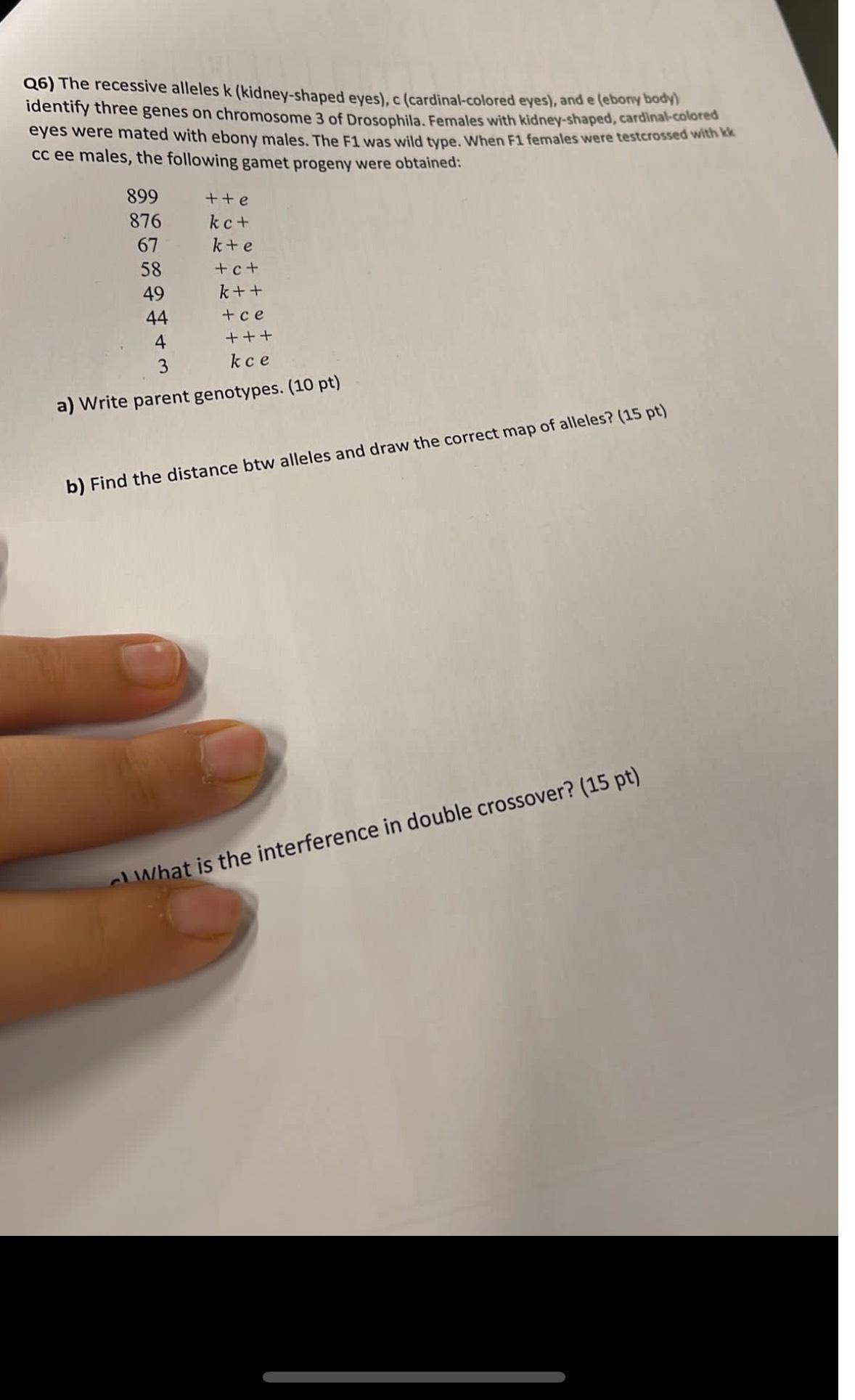 Solved Q6) ﻿The recessive alleles k (kidney-shaped eyes), ﻿c | Chegg.com