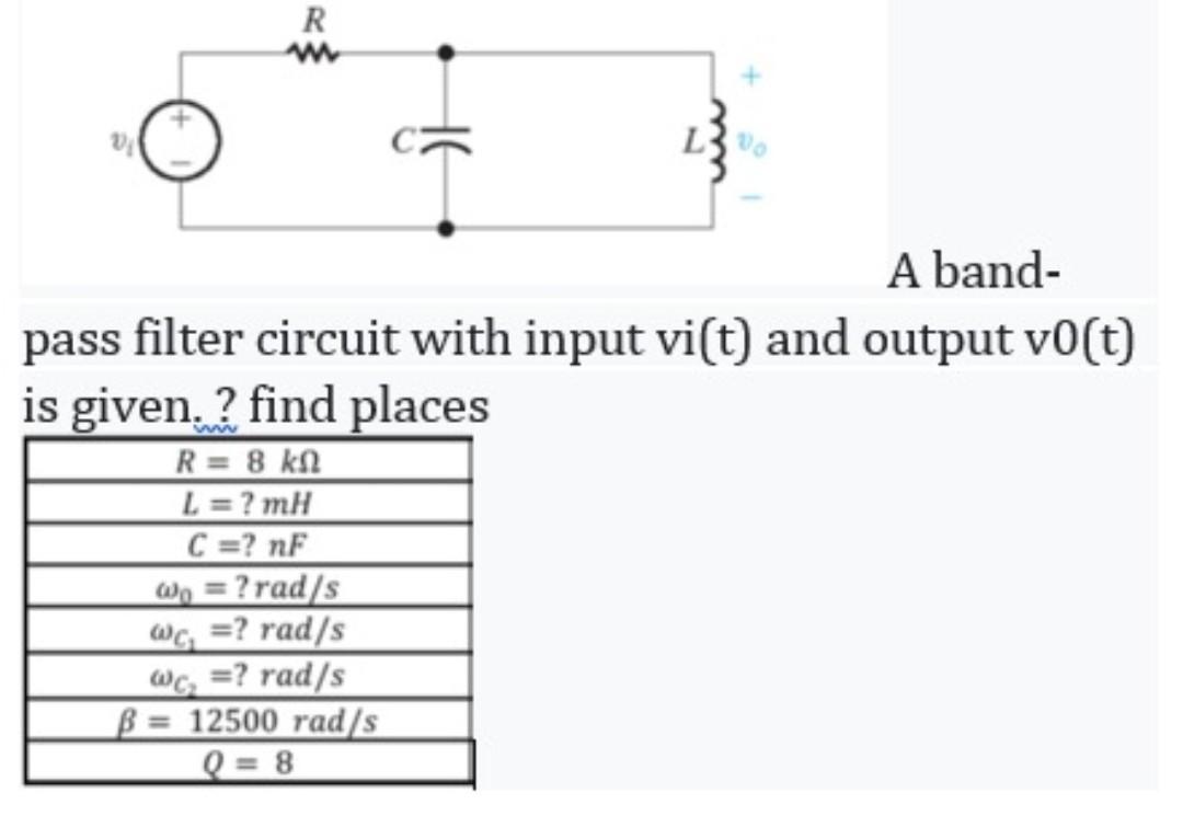 Solved R w A band- pass filter circuit with input vi(t) and | Chegg.com
