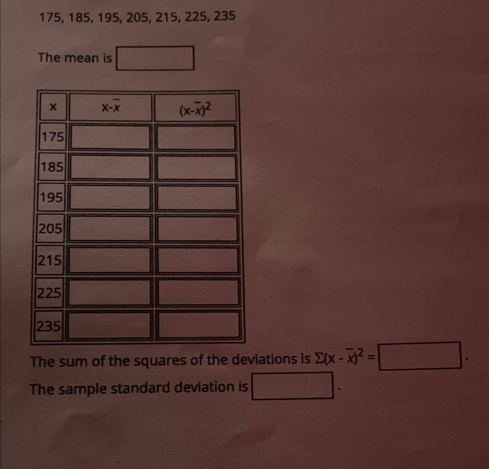 Solved 175,185,195,205,215,225,235The mean | Chegg.com
