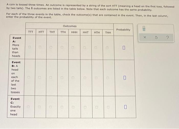 Solved A coin is tossed three times. An outcome is | Chegg.com