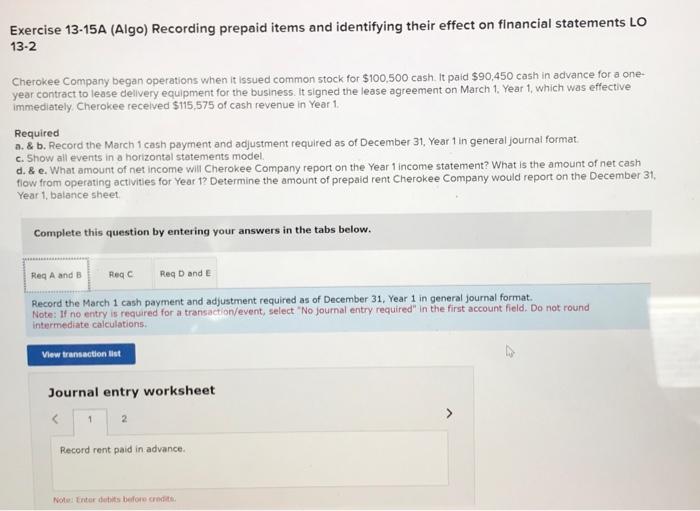 Solved Exercise 13-15A (Algo) Recording prepaid items and | Chegg.com