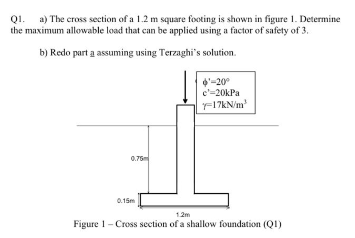Solved Q1. ﻿a) ﻿The cross section of a 1.2m ﻿square footing | Chegg.com