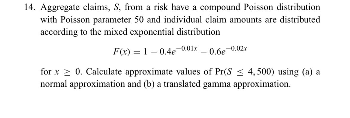 Solved Aggregate claims, S, ﻿from a risk have a compound | Chegg.com