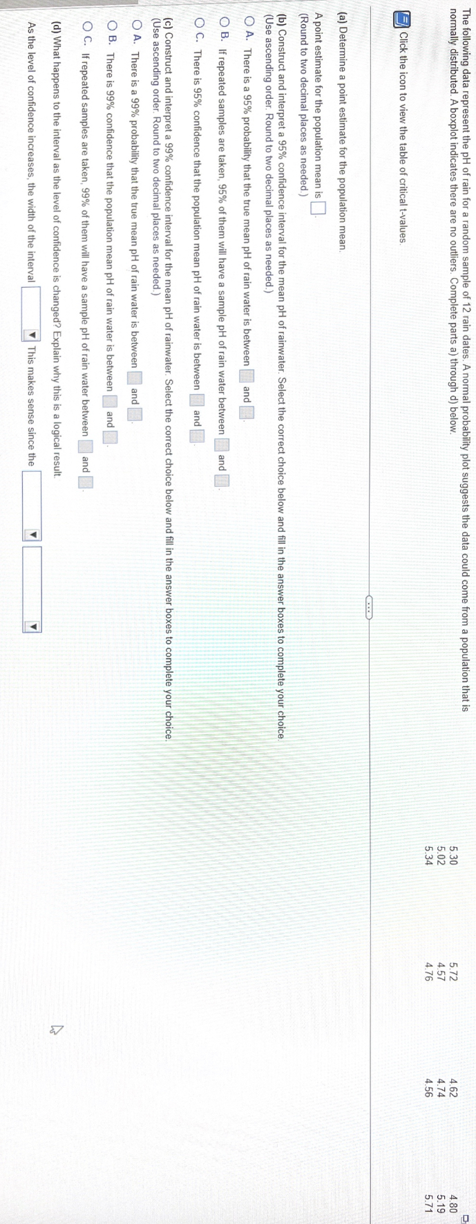Solved The following data represent the pH ﻿of rain for a | Chegg.com
