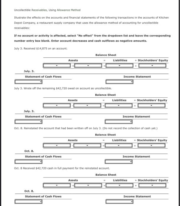 Solved Uncollectible Receivables, Using Allowance Method | Chegg.com Solved Uncollectible Receivables, Using Allowance Method | Chegg.com