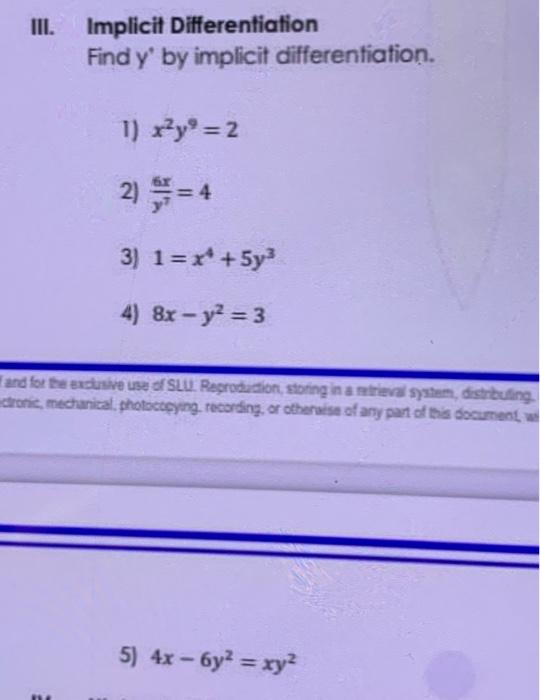 Solved III. Implicit Differentiation Find y' by implicit | Chegg.com
