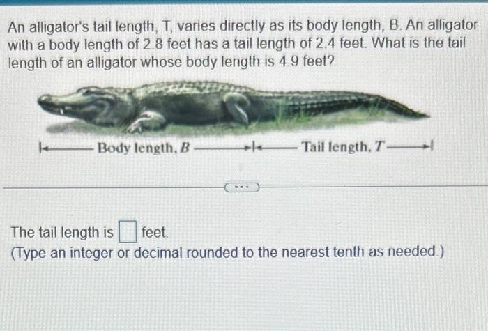 Solved An alligator's tail length, T, varies directly as its | Chegg.com