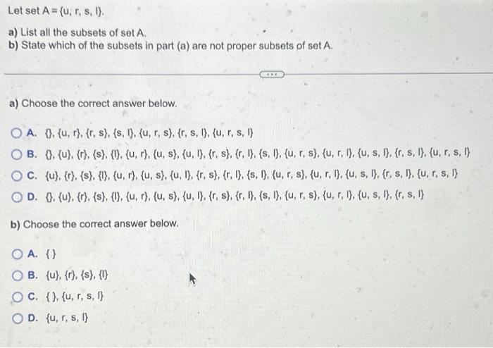 Solved Let setA={u,r,s,1}. a) List all the subsets of set A. | Chegg.com
