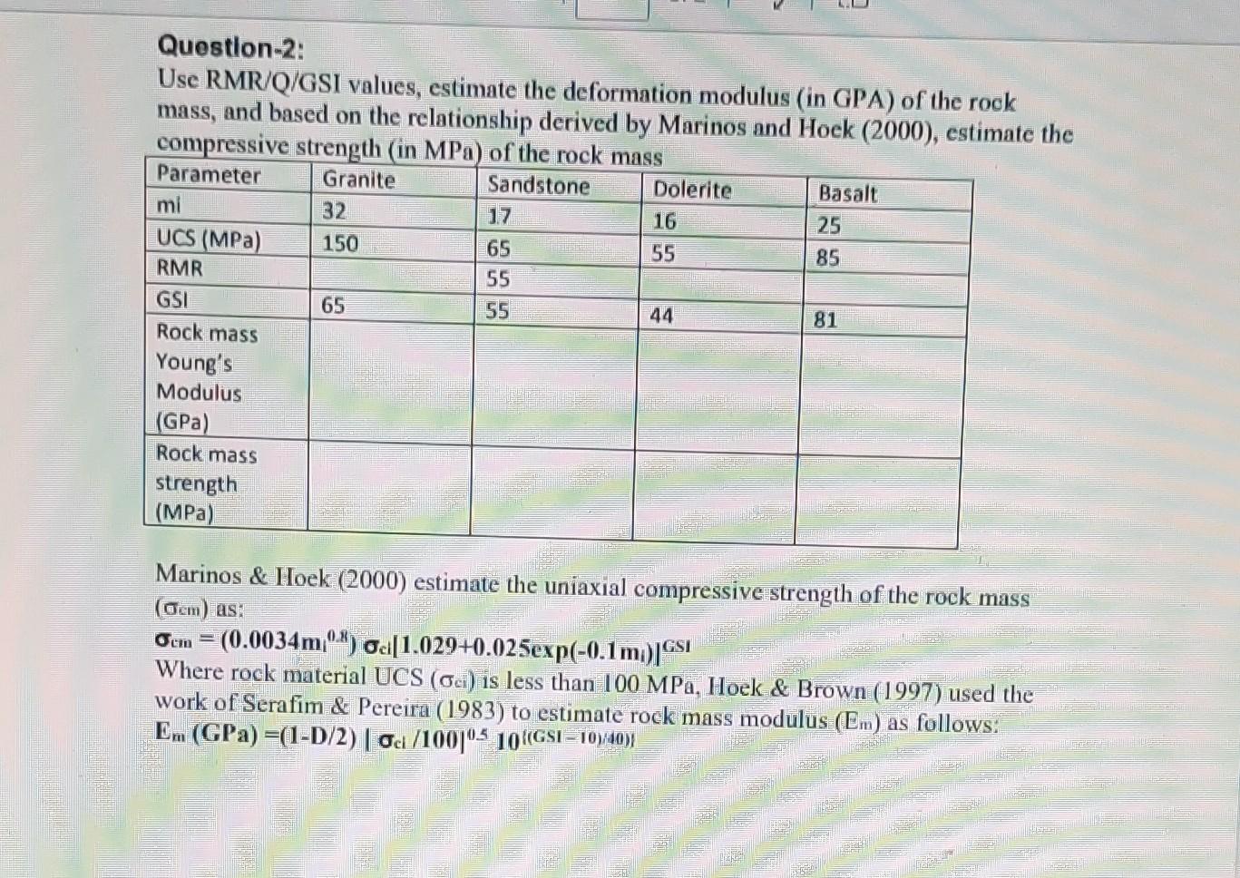 Solved Question-2: Use RMR/Q/GSI values, estimate the | Chegg.com