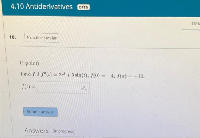 Solved Find f if f′′(t)=2et+3sin(t),f(0)=−4,f(π)=−10. f(t)= | Chegg.com