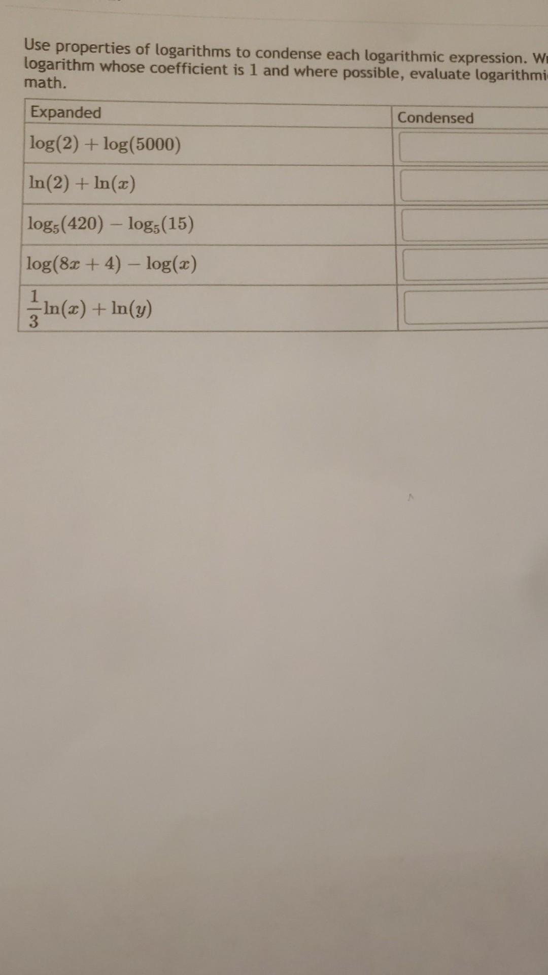 Solved Use properties of logarithms to condense each | Chegg.com