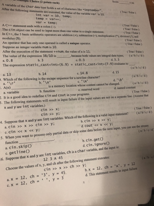 Solved Choice (2 points each) A variable of the char data | Chegg.com