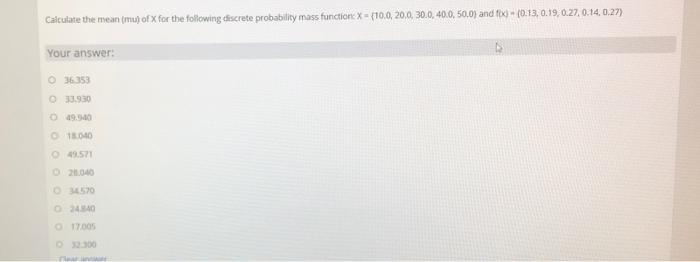 Solved Calculate the mean (mu) of X for the following | Chegg.com