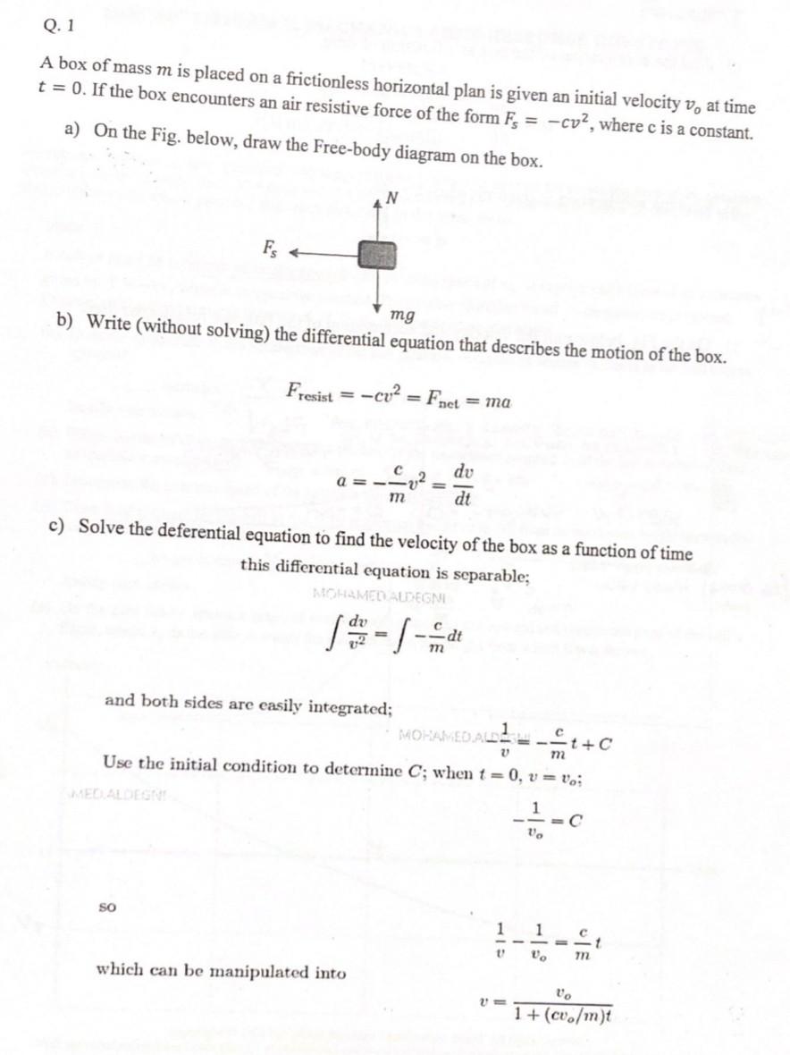 Solved d) Find the acceleration of the box as a function of | Chegg.com