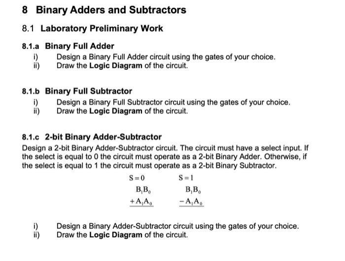 Solved 8 Binary Adders and Subtractors 8.1 Laboratory | Chegg.com
