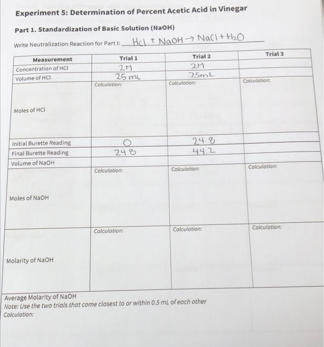 Solved Experiment 5: Determination of Percent Acetic Acid in | Chegg.com