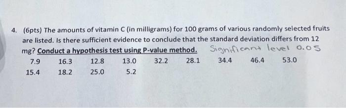 Solved 4. (6pts) The amounts of vitamin C (in milligrams) | Chegg.com