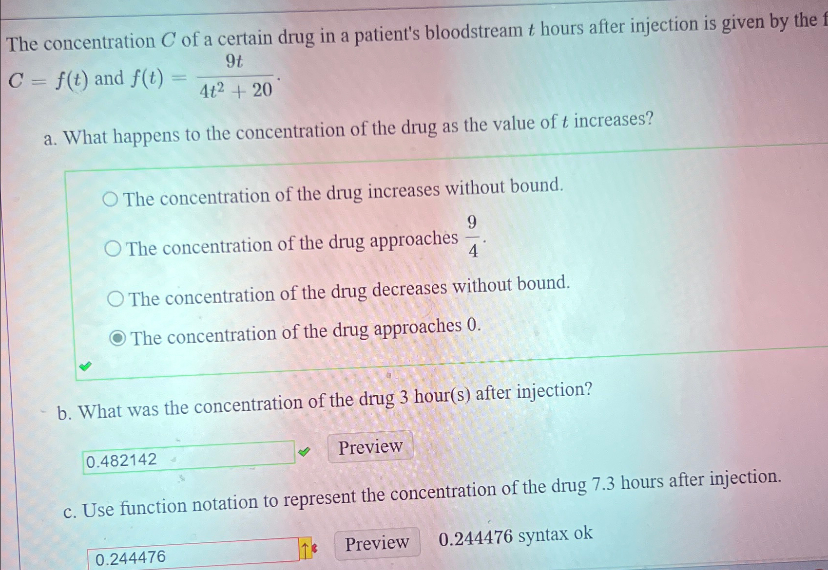 The concentration C ﻿of a certain drug in a patient's | Chegg.com
