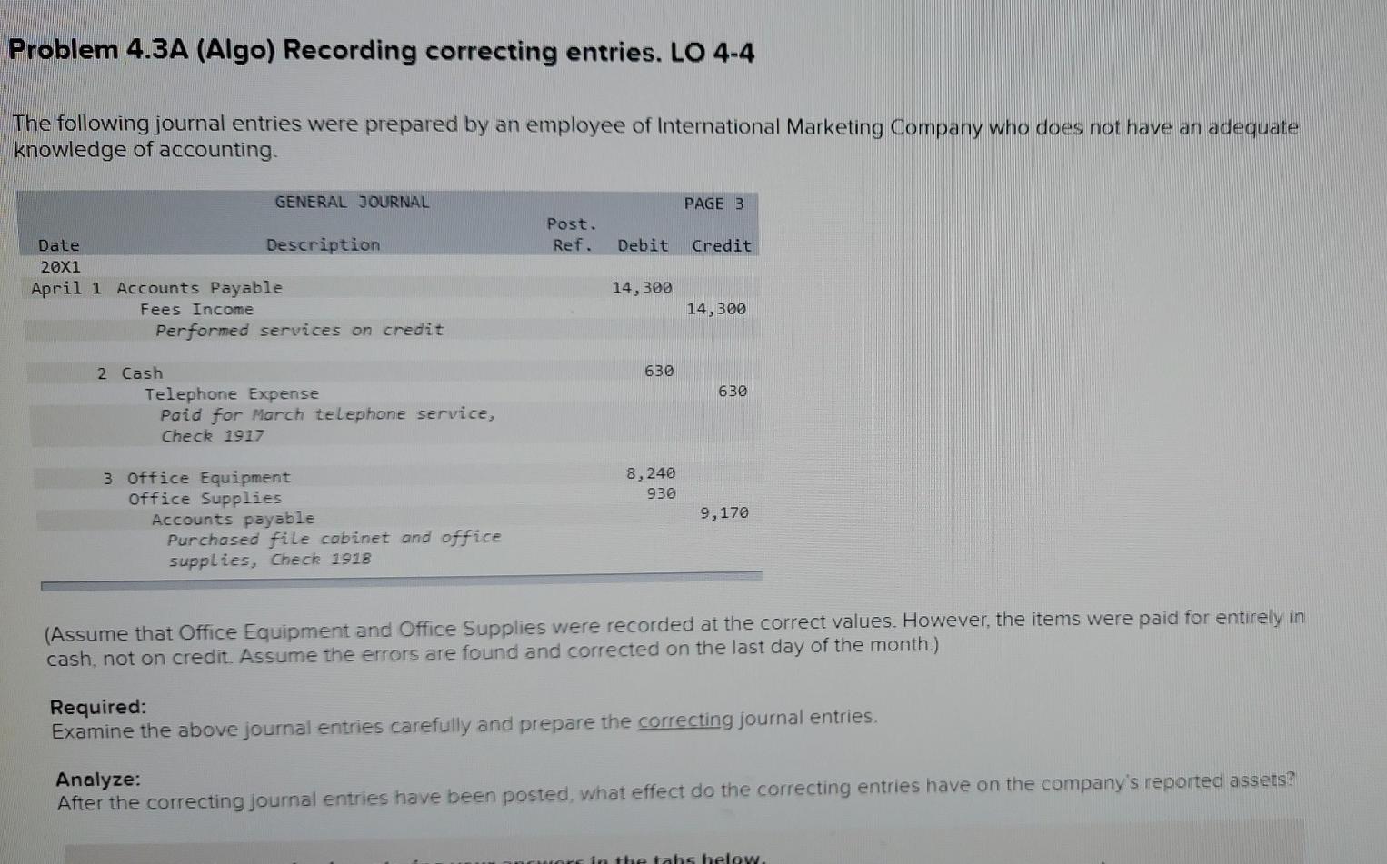 Solved Problem 4.3A (Algo) Recording correcting entries. LO | Chegg.com