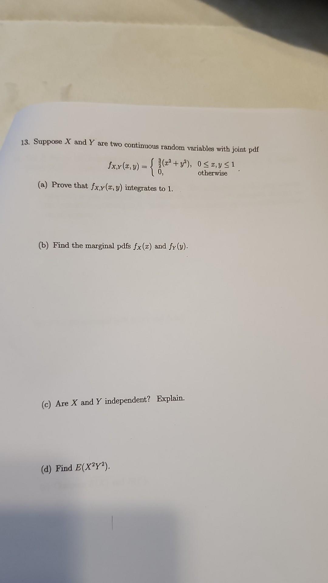 Solved 13 Suppose X And Y Are Two Continuous Random