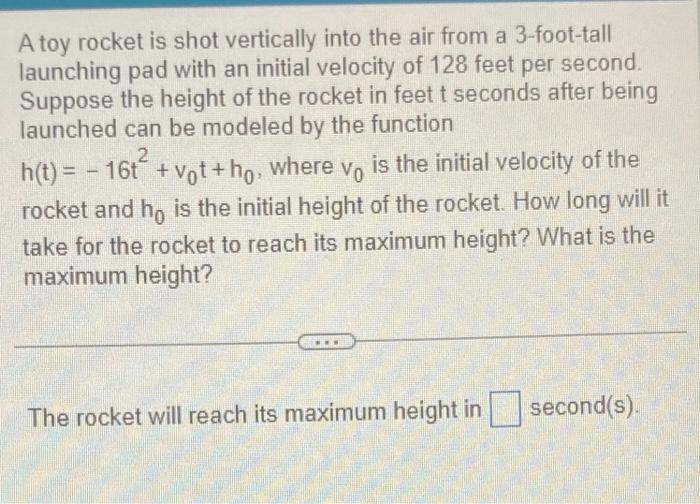 Solved A toy rocket is shot vertically into the air from a | Chegg.com