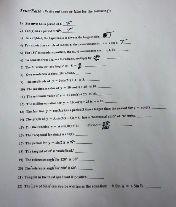 Solved True/False (Write out true or false for the | Chegg.com