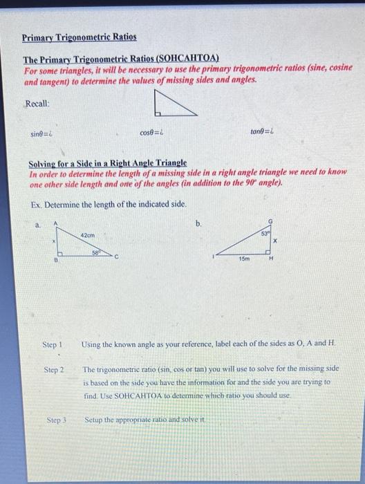 [Solved]: Primary Trigonometric Ratios The Primary Trigonom