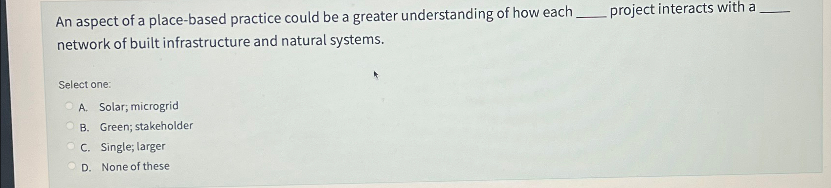 Solved An aspect of a place-based practice could be a | Chegg.com
