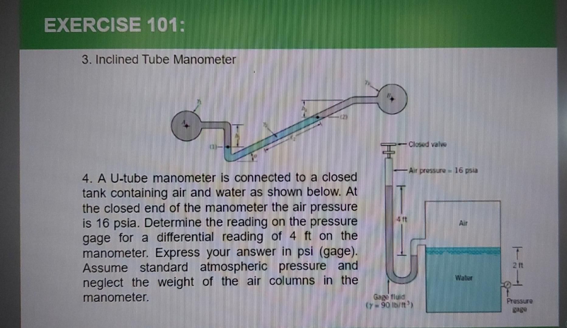 Solved EXERCISE 101: 1. Simple U-tube Manometer Y Ape fluid | Chegg.com