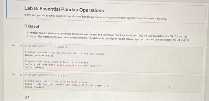 Lab 8: Essential Pandas Operations In this lab, you | Chegg.com
