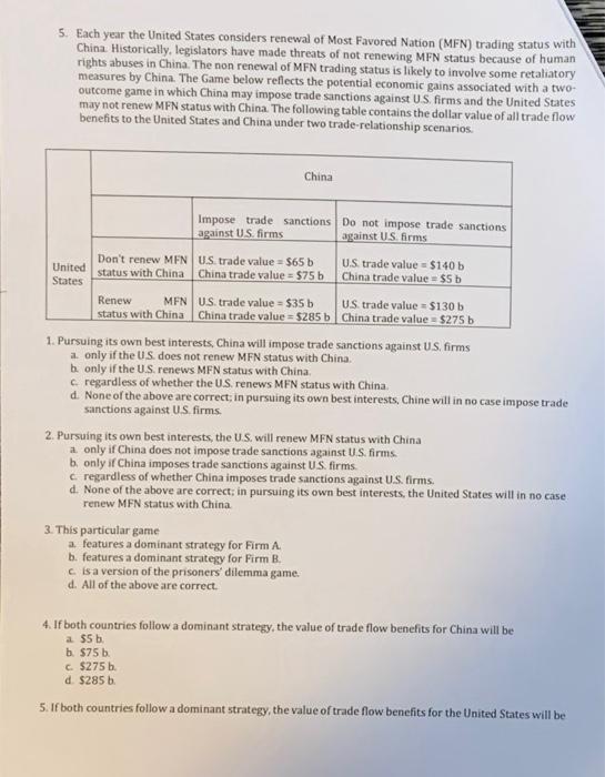 Solved 5. Each year the United States considers renewal of | Chegg.com