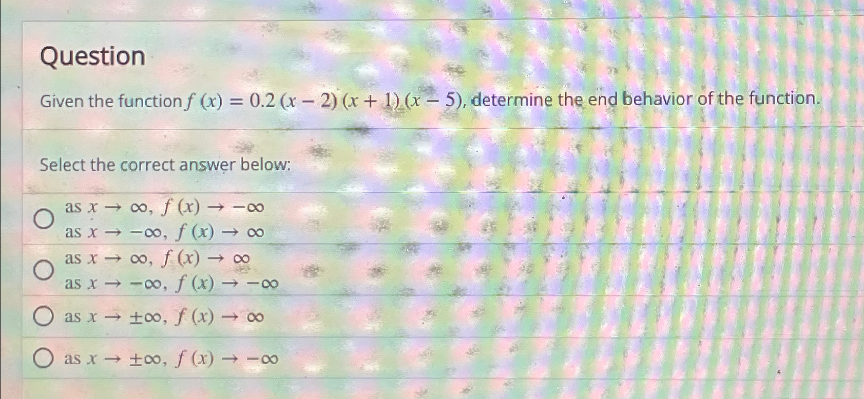 Solved QuestionGiven the function f(x)=0.2(x-2)(x+1)(x-5), | Chegg.com