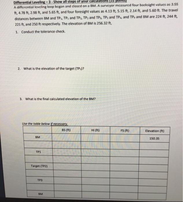 Solved Differential Leveling - 3 - Show all steps of your | Chegg.com