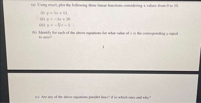 Solved (a) Using excel, plot the following three linear | Chegg.com