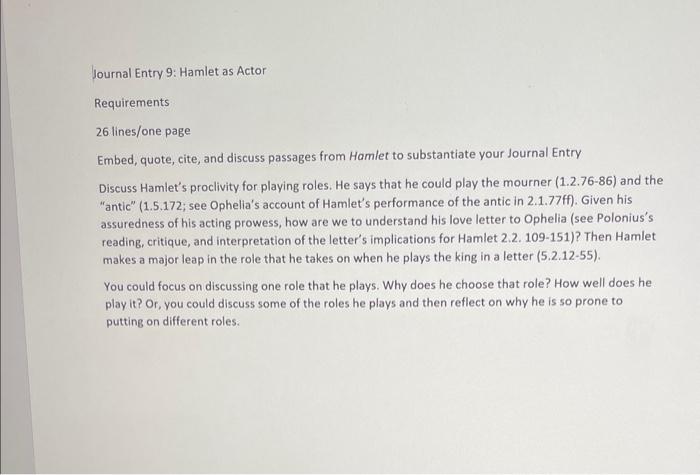 Journal Entry 9: Hamlet as Actor Requirements 26 | Chegg.com